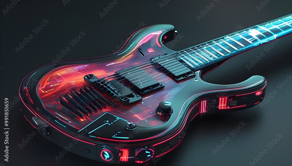 Futuristic electric guitar with vibrant musical notes bursting forth in ...