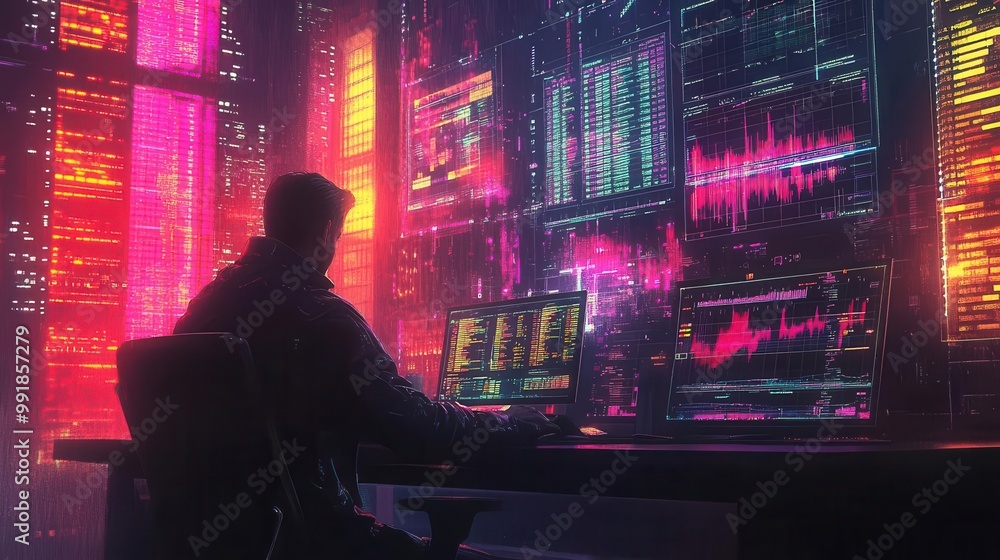 cyberpunk data analyst immersed in holographic charts neon grid lines ...