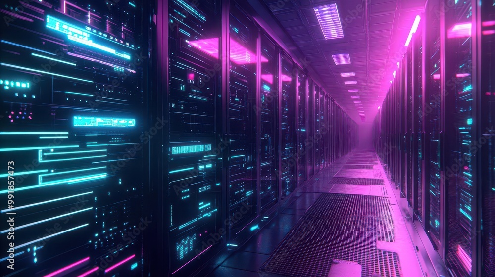 cyberpunk data center neonlit server racks stretch infinitely ...