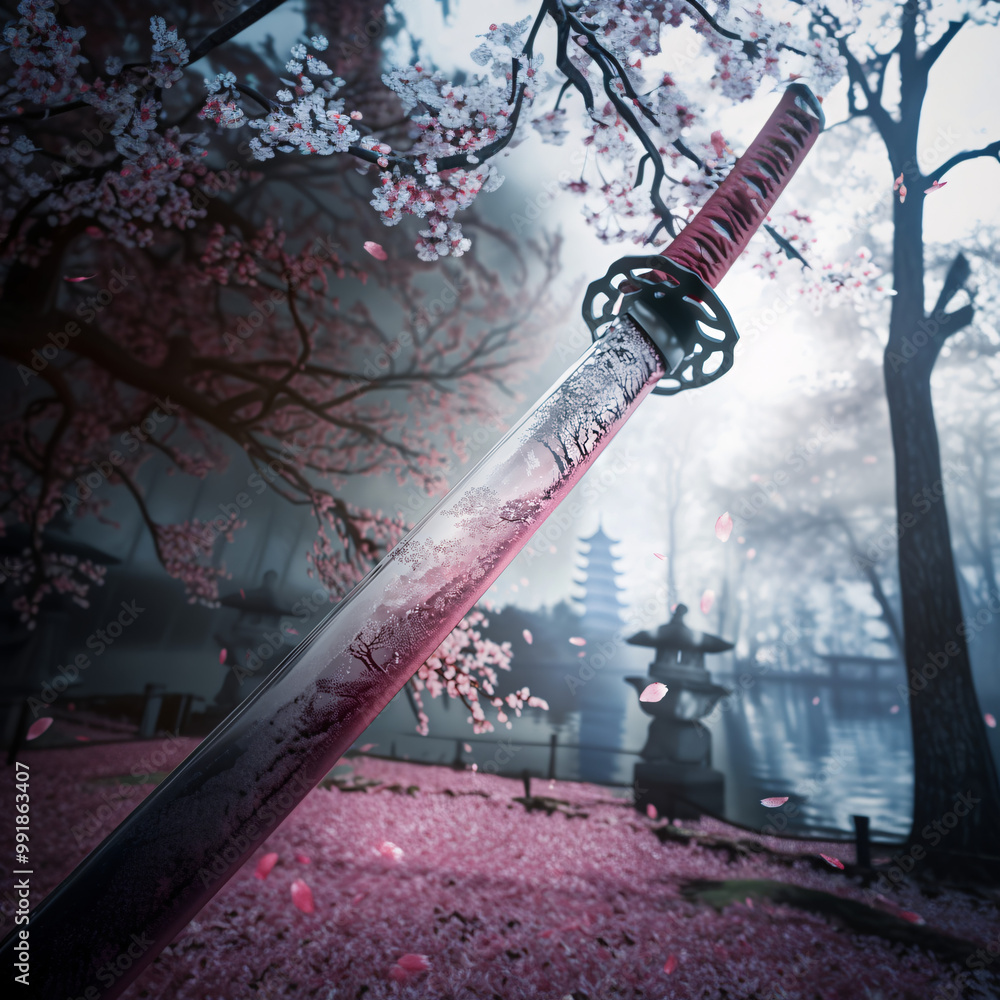 Close-up of katana sword reflecting cherry blossoms and traditional ...