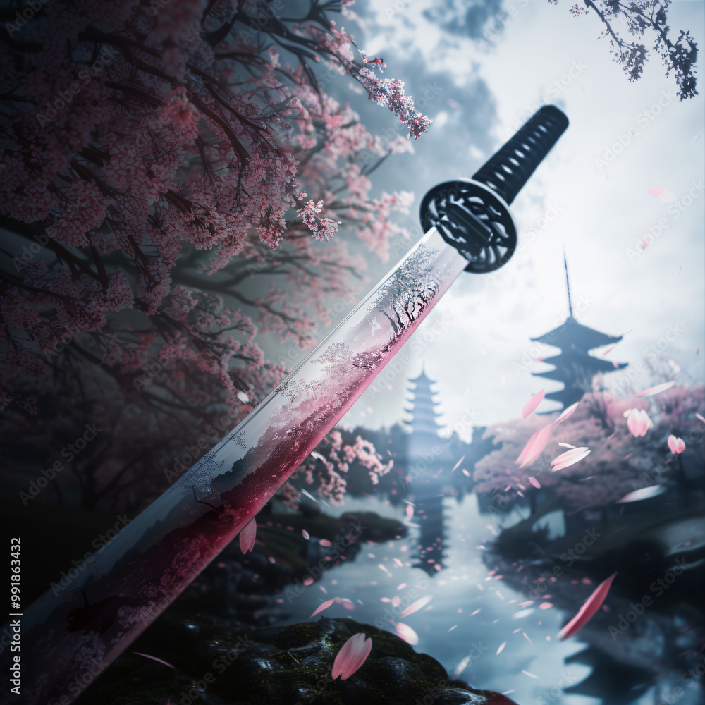 Close-up of katana sword reflecting cherry blossoms and traditional ...