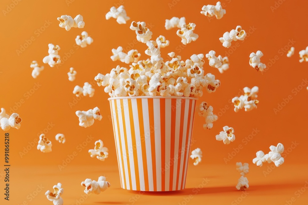 Popcorn falling into a bucket on orange background. 3d rendering ...