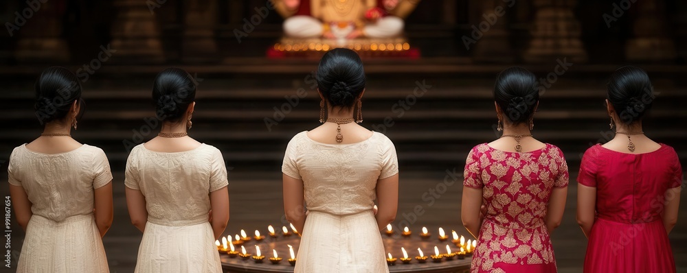 Women performing aarti in a temple, circling diyas around the Durga ...