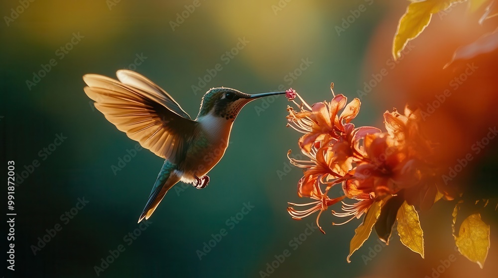 hummingbird frozen midflight wings a blur of motion sipping nectar from ...