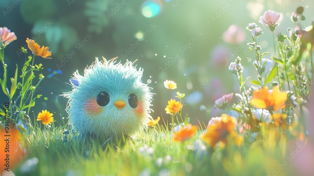 Adorable Kawaii Japanese Mythical Creature Exploring Colorful Garden ...