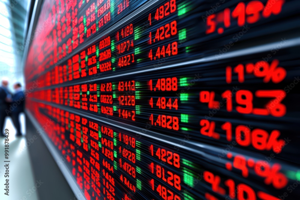 Stock market display showing fluctuating red and green numbers ...
