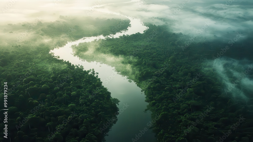 lush amazon rainforest aerial perspective winding rivers dense canopy ...