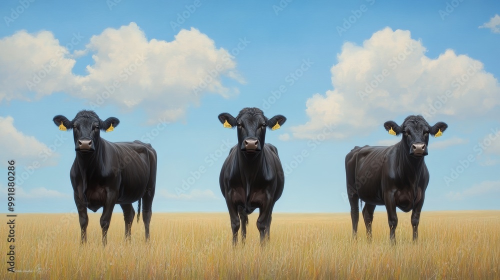 Three black cows standing in a field, looking directly at the camera ...