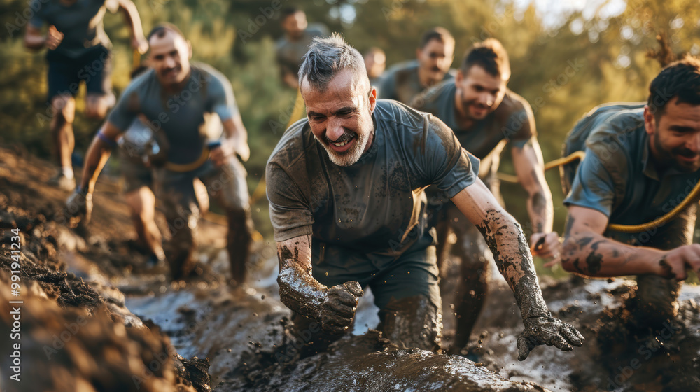 Team Building Adventure: Middle-Aged Men Conquering Muddy Obstacle ...