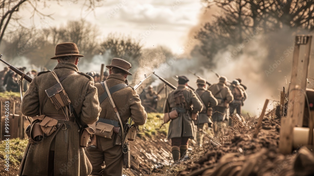 Historical WWI Trench Battle Reenactment: Soldiers in Period Uniforms ...