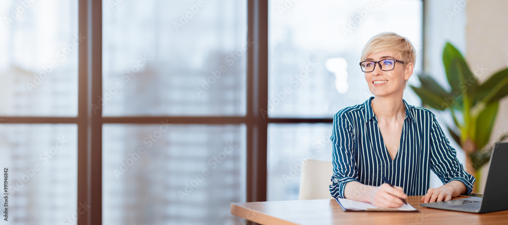 Business Career. Smiling Business Lady Taking Notes Looking Aside ...