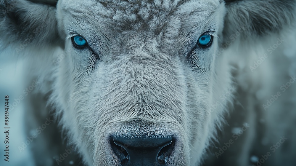 Realistic white buffalo with blue eyes head on close up very sharp ...
