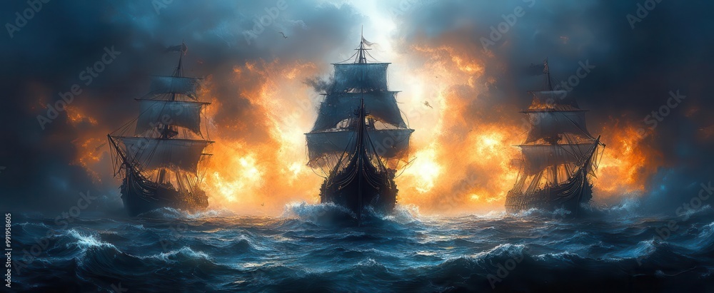 epic pirate standoff rugged captain faces two majestic ships dramatic ...