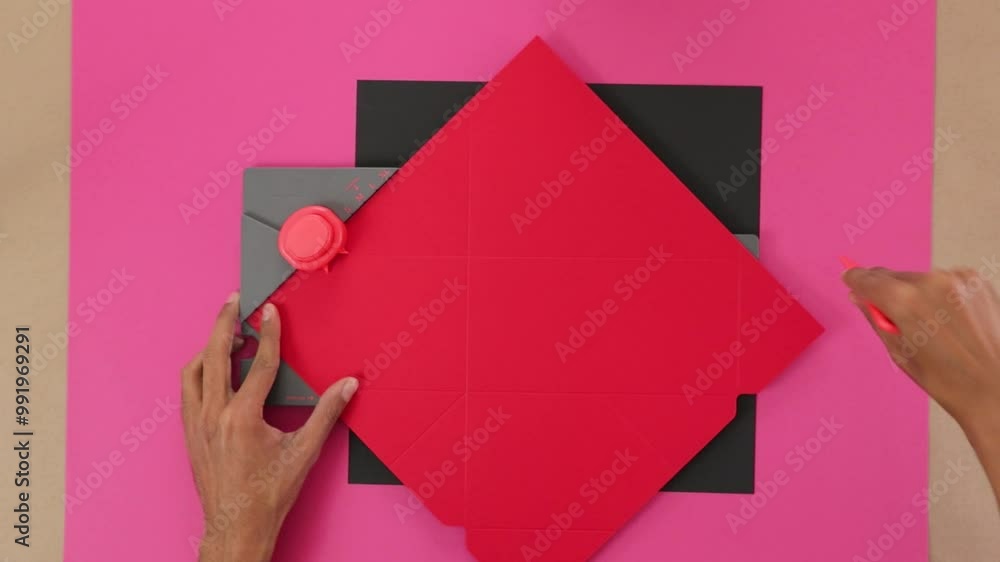 Making notches and folding lines in red paper with puncturing board ...