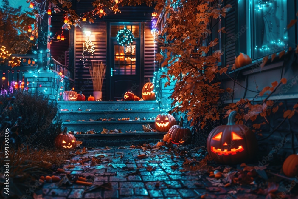 Zdjęcie Stock: A spooky Halloween setting with a house decorated for ...