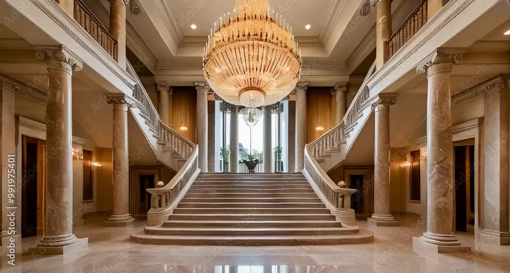 a grand luxury mansion foyer with a majestic double staircase made of ...