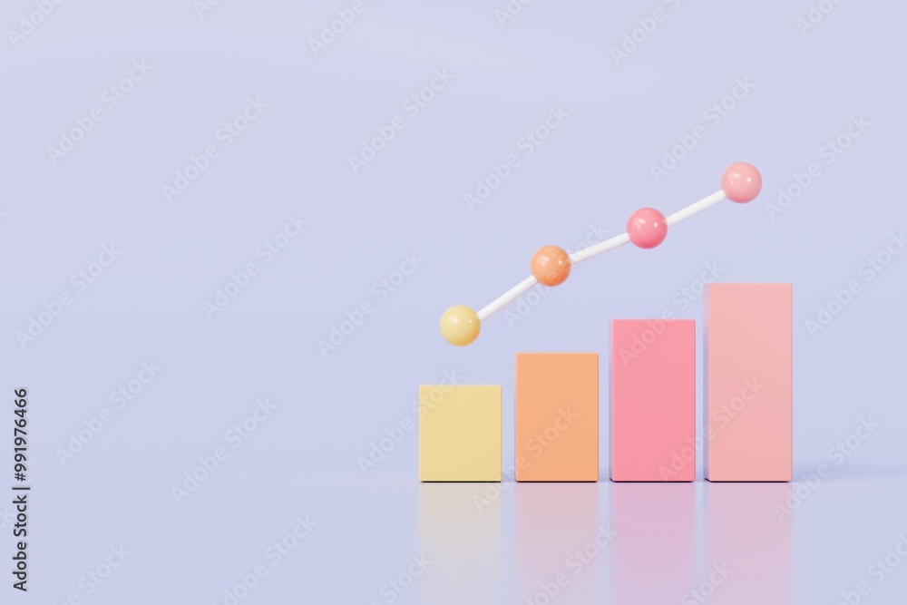 3D Bar Chart with arrow rising icon on isolated purple background ...