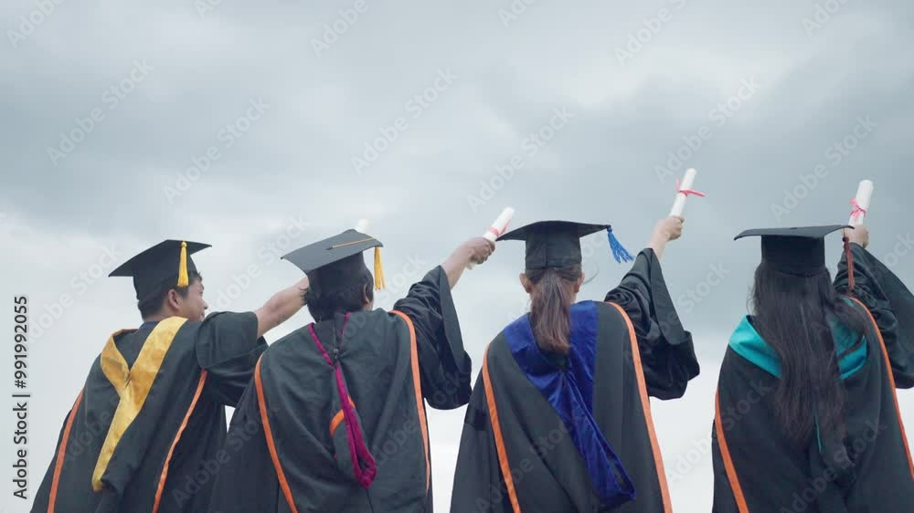 Four graduates are standing in a row, all wearing caps and gowns. Scene ...
