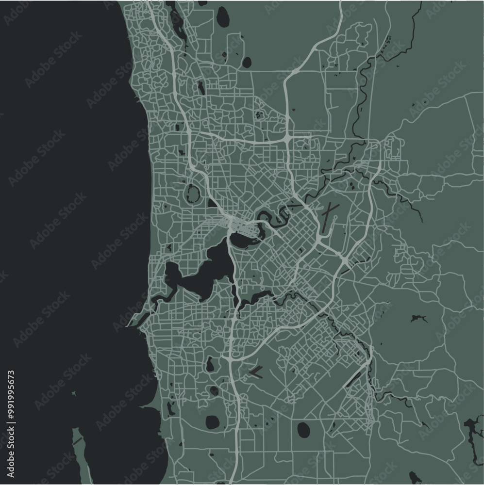Map of Perth in Australia in a smooth dark style. Contains layered ...