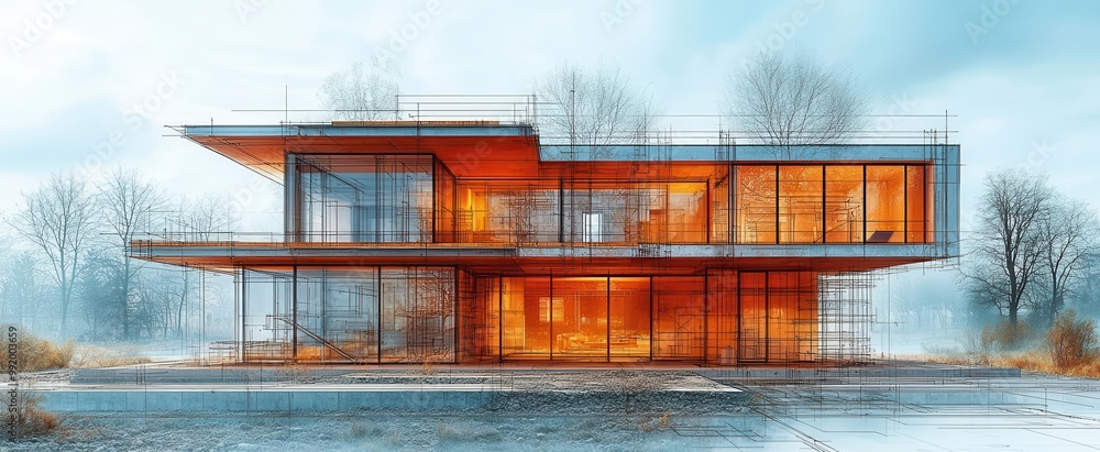 architectural vision blueprint of house design overlaid on construction ...