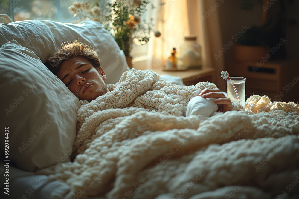 A person in bed with a fever, holding a thermometer and a glass of ...