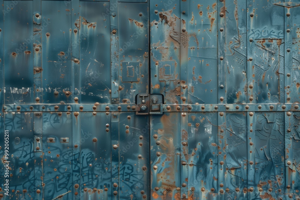 A weathered blue metal gate with rust and graffiti. The gate features a ...