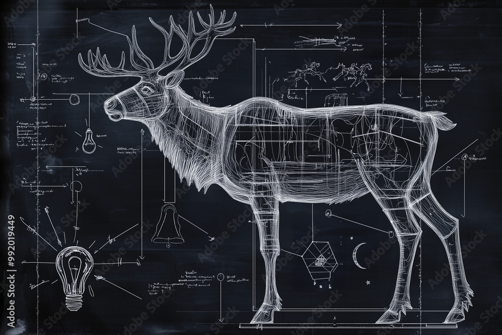 Christmas blueprint, draft drawing. Reindeer engineering drawing ...