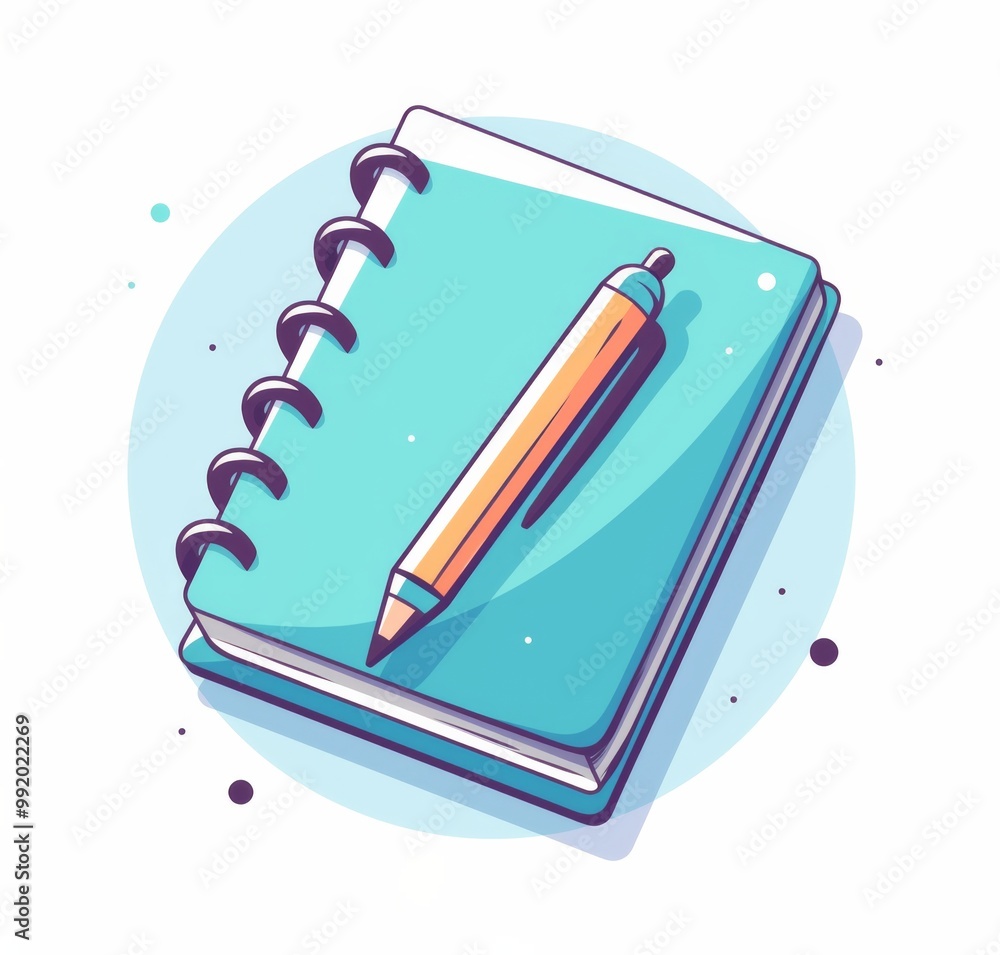 Flat vector icon of a pencil and notepad with a circular background ...