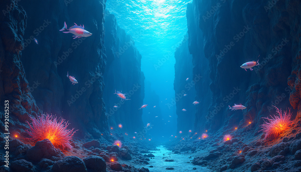 Dive into a massive underwater canyon where glowing sea creatures drift ...