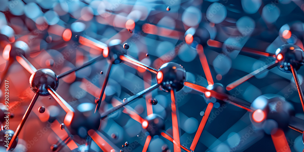 3D Molecular Structure with Glowing Red and Blue Elements, Abstract ...