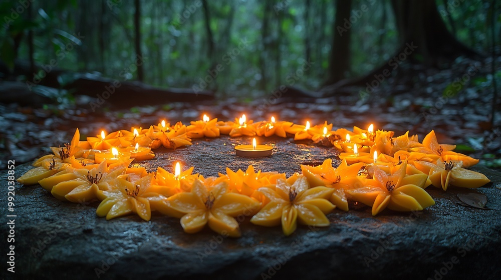 Starfruit arranged a circular pattern on a stone altar in a forest ...