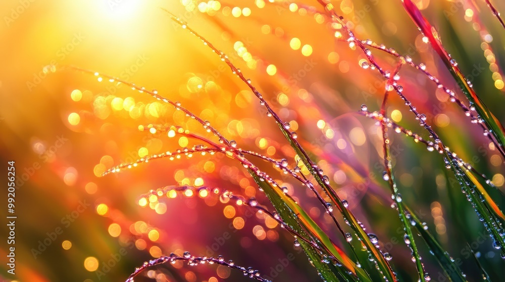 Sparkling dew drops on vibrant green, yellow, and red grasses ...
