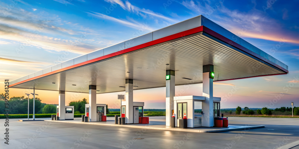 Gas station on the side of a highway with fuel pumps and convenience ...