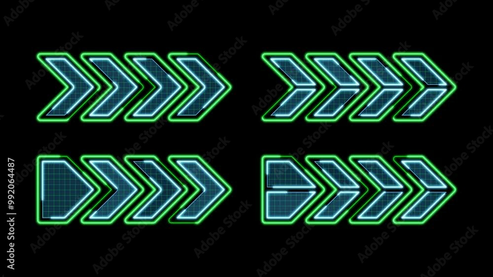 Digital fluorescent neon arrows set, motion animation on black ...