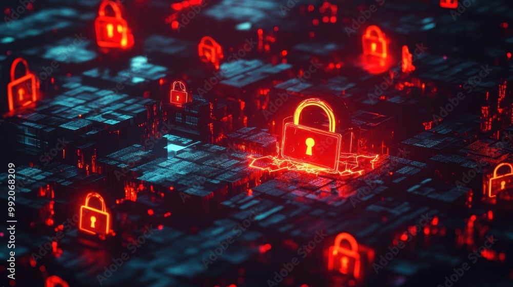 Cybersecurity illustration of a data breach with glowing red warning ...