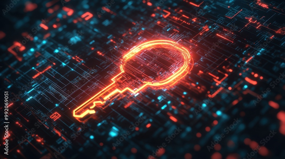 Digital illustration of a glowing key symbol unlocking encrypted data ...
