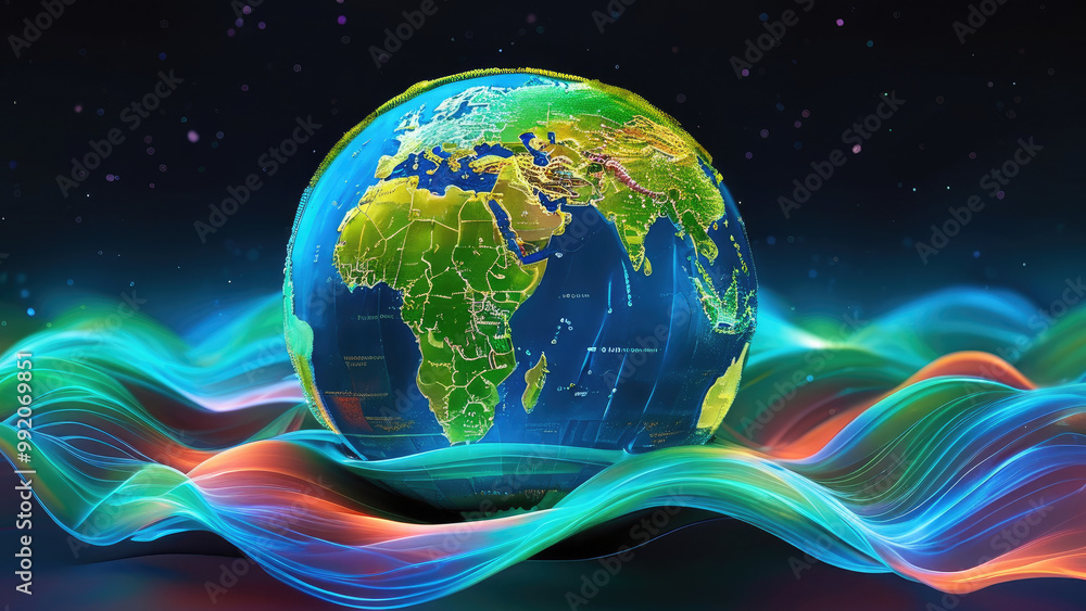 3D Globe: Illuminated Wave Patterns Circling the Sphere Stock ...
