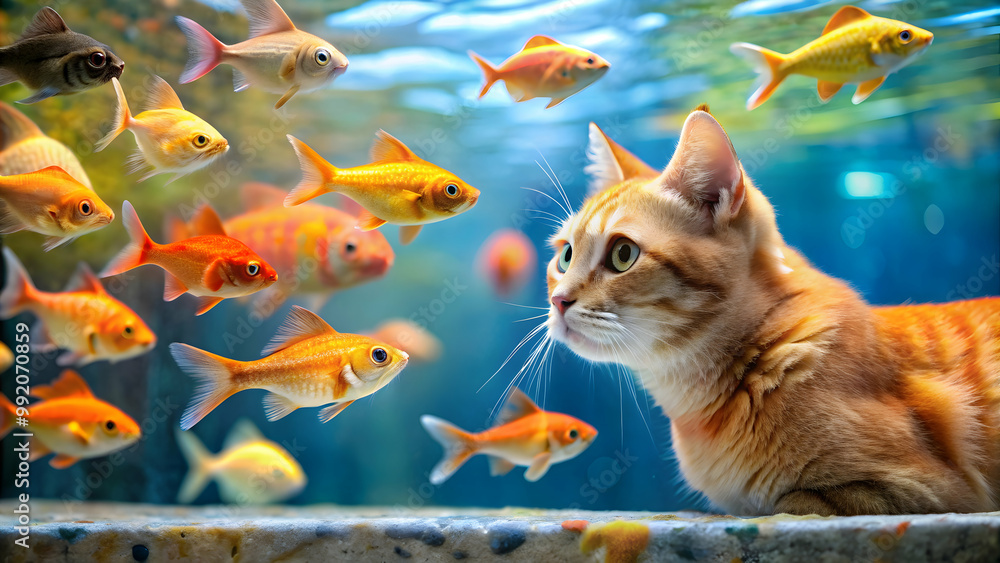 Playful orange tabby cat stalking a school of colorful fish in an ...