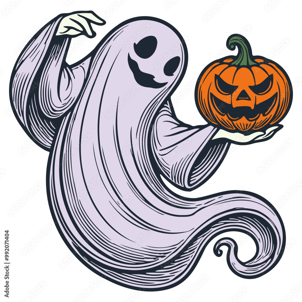 Ghost Holding Carved Jack-o'-Lantern Pumpkin. Halloween Themed Cartoon ...