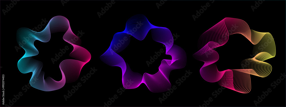 A set of multicolored neon sound waves. Sound lines, radial spectrum ...