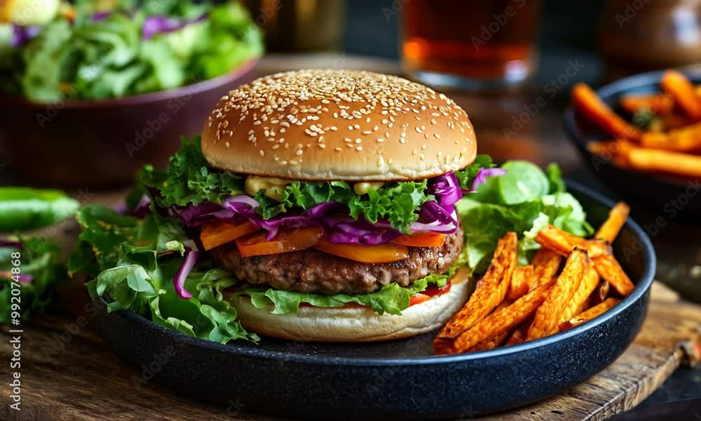 Food stylist perfects the arrangement of a delicious burger and sweet ...