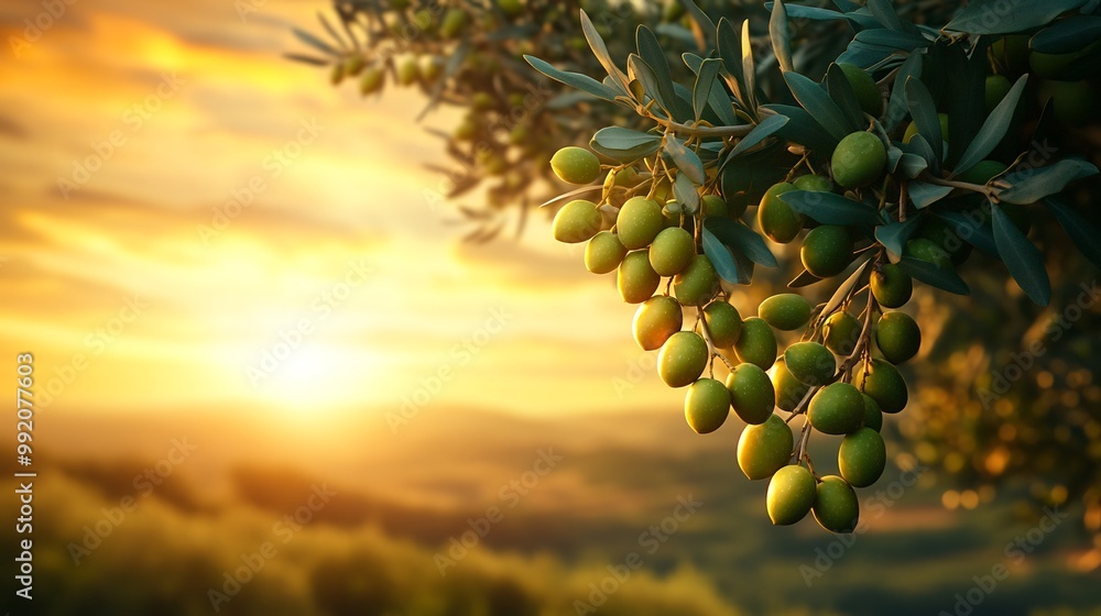 Olive branches hanging a tree in a sunlit Mediterranean grove with ...