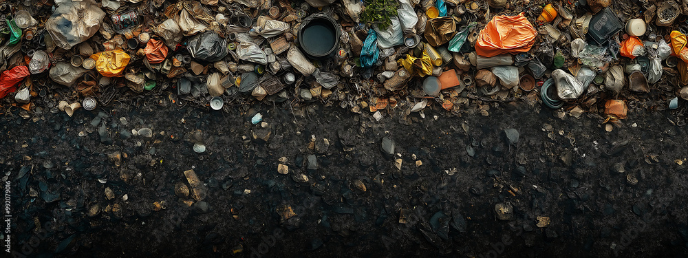 Stretch of rubbish, depicting a dirty, ruined landscape that conveys a ...