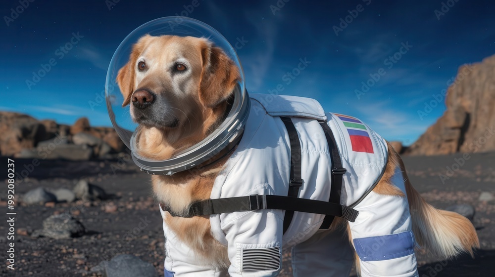 Golden Retriever dog in astronaut suit with a space backdrop, playful ...