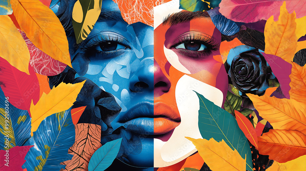 modern collage of pop culture icons depicting emotions, vibrant ...