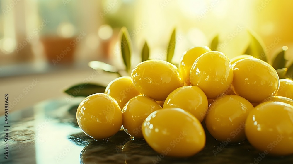 Olive fruits arranged a spiral pattern on a sleek black marble ...