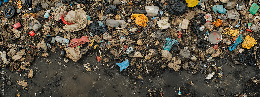 Stretch of rubbish, depicting a dirty, ruined landscape that conveys a ...
