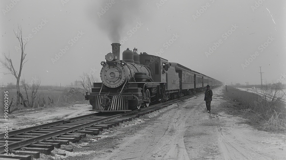 vintage Steam locomotive on rails . Retro photo of an old steam ...