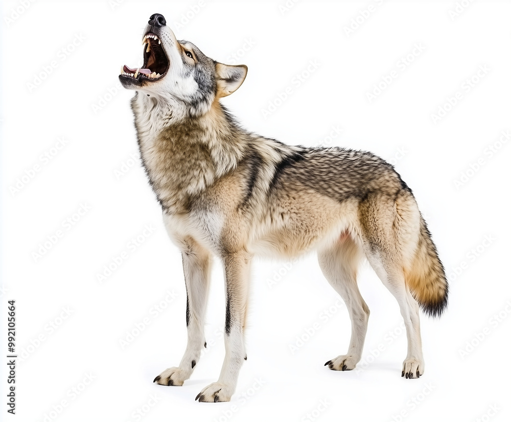 A howling wolf, wild predator, calling to its pack, standing tall ...