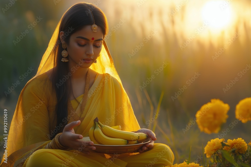 Chhath Puja illustration. Ancient Sandhya arghya day. Lady near the ...